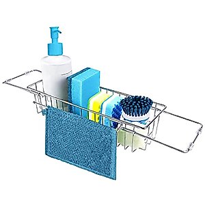 Kitchen Sink Caddy Sponge Holder, Kitchen Sink Caddy Expandable with Dish Cloth Hanger, Stainless Steel Kitchen Sink Organizer Drying Rack Basket, No Drilling
