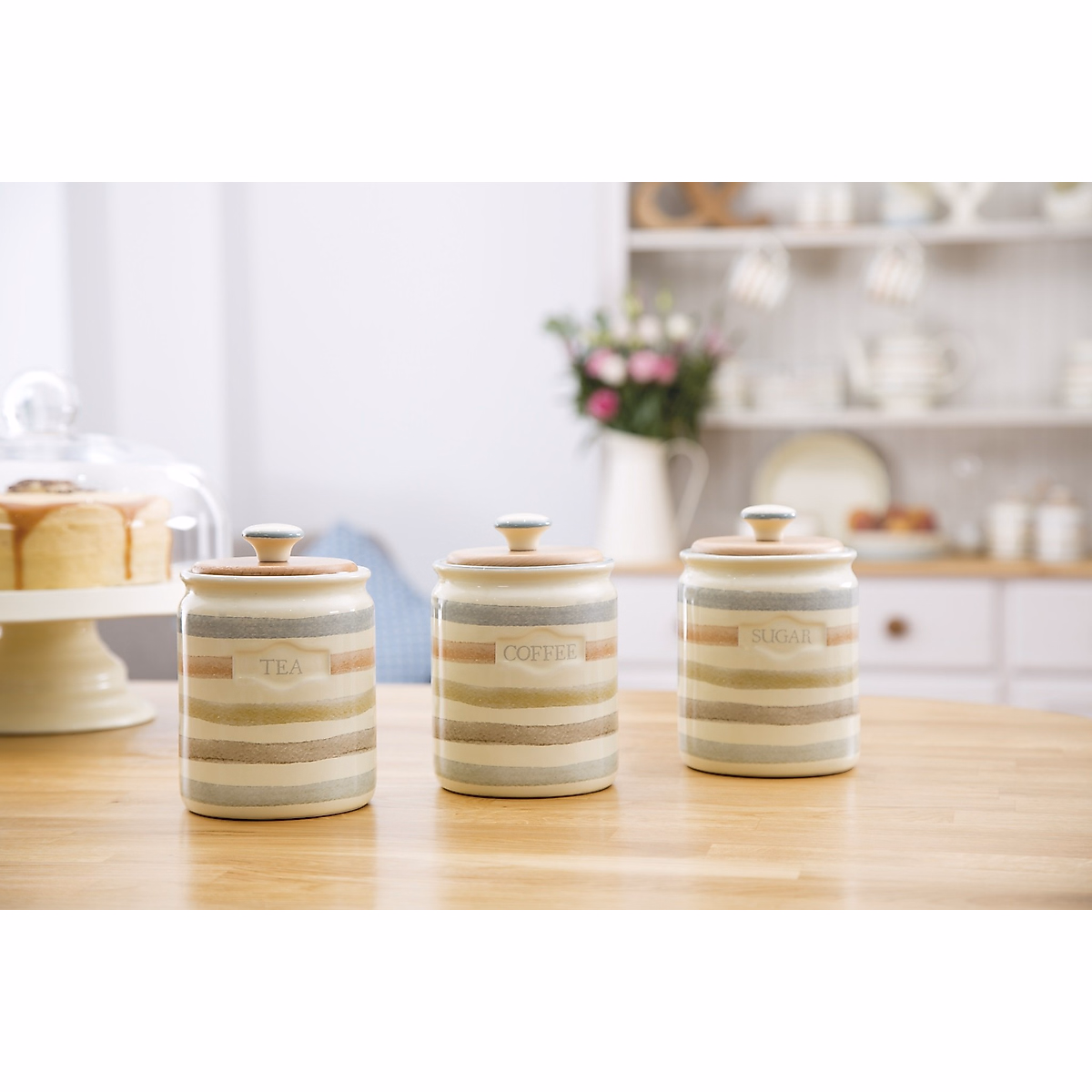 KitchenCraft Classic Collection Striped Ceramic Tea Caddy, 800 ml (28 fl oz) - Cream