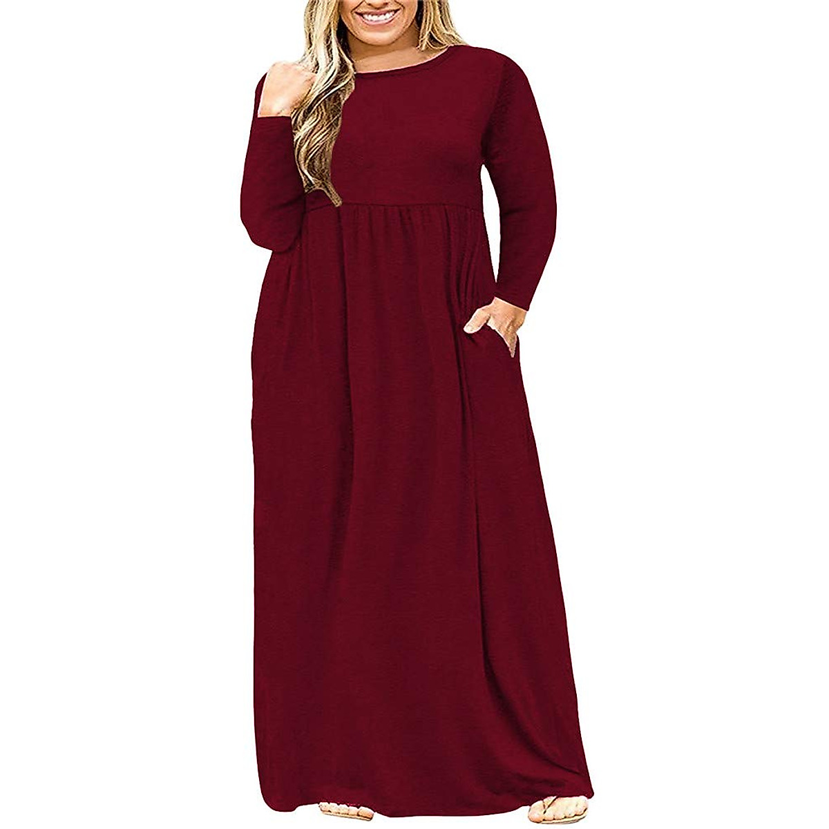 BISHUIGE Womens XL-6XL Casual Plus Size Maxi Dresses with Pockets 2XL, Wine Red