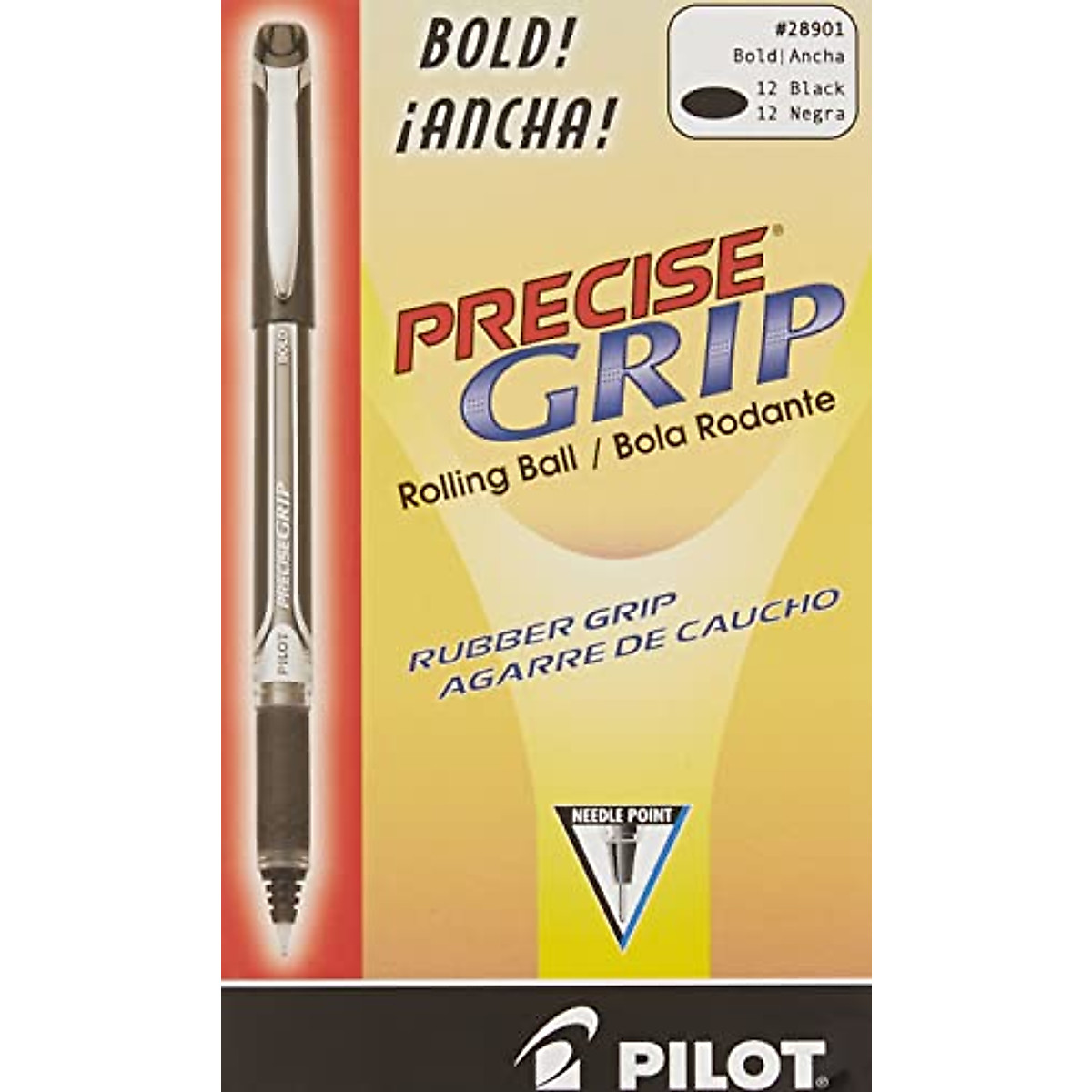 PILOT Precise Grip Liquid Ink Rolling Ball Stick Pens, Bold Point, Black Ink, 12-Pack (28901)