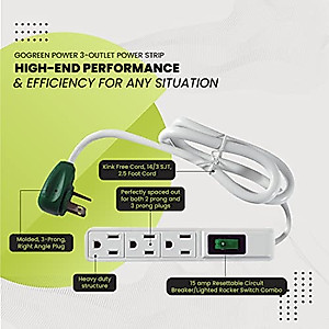 GoGreen Power (GG-13002MS) 3 Outlet Power Strip, White, 2.5 Ft Cord