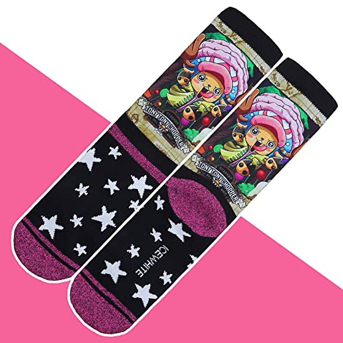 IamaCos One Piece Socks 3 Pack, Anime Patterned Colorful Stretch Athletic Socks Full Cushioned Crew Socks Casual, Unisex, Tony Tony Chopper + Luffy + Nami