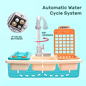 CUTE STONE Play Kitchen Sink Toys with Upgraded Real Faucet, Play Cooking Stove, Cookware Pot and Pan,Play Food, Color Changing Dishes Accessories for Boys Girls Toddlers