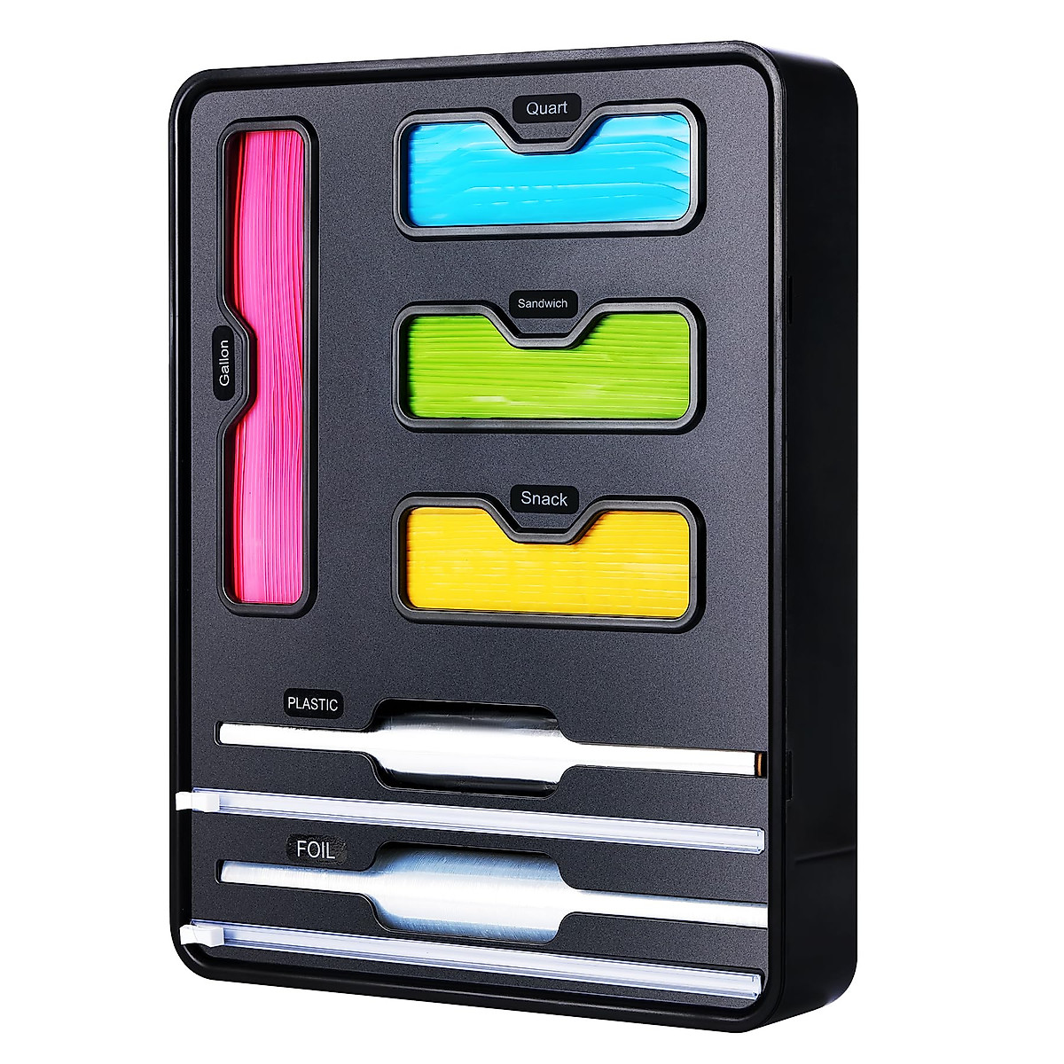 CiWiVOKi Storage Bag Organizer for Drawer, 6 in 1 Foil and Plastic Wrap Dispenser with Cutter, Plastic Kitchen Organizers and Storage for Sandwich Snack Gallon Quart Bags and 12" Aluminum Foil, Black