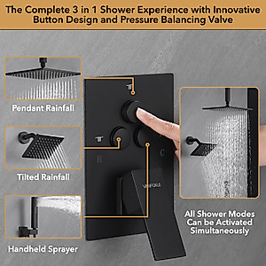 VANFOXLE Shower Faucet Set Matte Black Shower System,Push Button Diverter Shower Faucet with 2 in 1 Handheld,Ceiling Mount 10 Inch Shower Head with 6 Inch Wall Mount Shower Head
