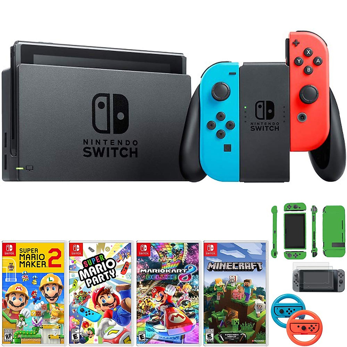 Nintendo Switch 32 GB Console w/ Neon Blue & Red Joy-Con (HACSKABAA) Bundle with Nintendo Mario Kart 8 Deluxe + Super Mario Party + Super Mario Maker 2 + Nintendo Switch Minecraft + More