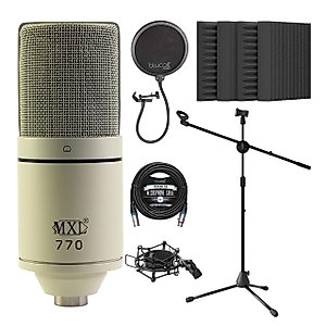 blucoil MXL 770 Cardioid Condenser Microphone for Studio Recording, Streaming, Podcasting (Vintage White) Bundle 20' XLR Cable, Pop Filter, Adjustable Mic Stand, and 12" Acoustic Wedges (4-Pack)
