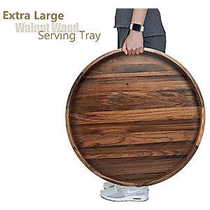 MAGIGO 24 Inches Extra Large Round Black Walnut Wood Ottoman Tray with Handles, Serve Tea, Coffee or Breakfast in Bed, Classic Circular Wooden Decorative Serving Tray