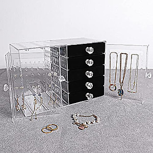 Frebeauty Acrylic Jewelry Box Clear Earring Organizer Storage Boxes,Necklace Hanging with 5 Removable Velvet Drawers Large Jewelry Display Case for Stud Rings Bracelets for Gift,(Black)