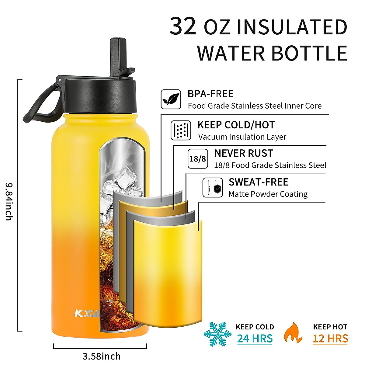 32 oz Insulated Water Bottle with Paracord Handles & Strap, 2 Lids(Straw Lid&Spout Lid), Stainless Steel Reusable Wide Mouth Metal Water Bottle With Straw, Double Walled, Thermo Mug（Mango Yellow)