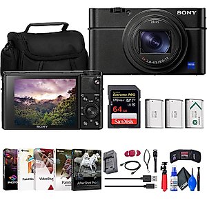 Sony Cyber-Shot DSC-RX100 VII Digital Camera (DSC-RX100M7) + 64GB Memory Card + Case + 2 x NP-BX1 Battery + Card Reader + LED Light + Corel Photo Software + Charger + Flex Tripod + More (Renewed)