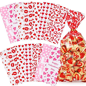 Valentines Day Candy Goody Bags, Valentine Goodie Bags for Kids, 133 Pcs - Valentines Cellophane Treat Bags, Clear Goodie Bags With Ties, Cellophane Cookie Bags, Valentines Day Gift Bags, 7 Designs