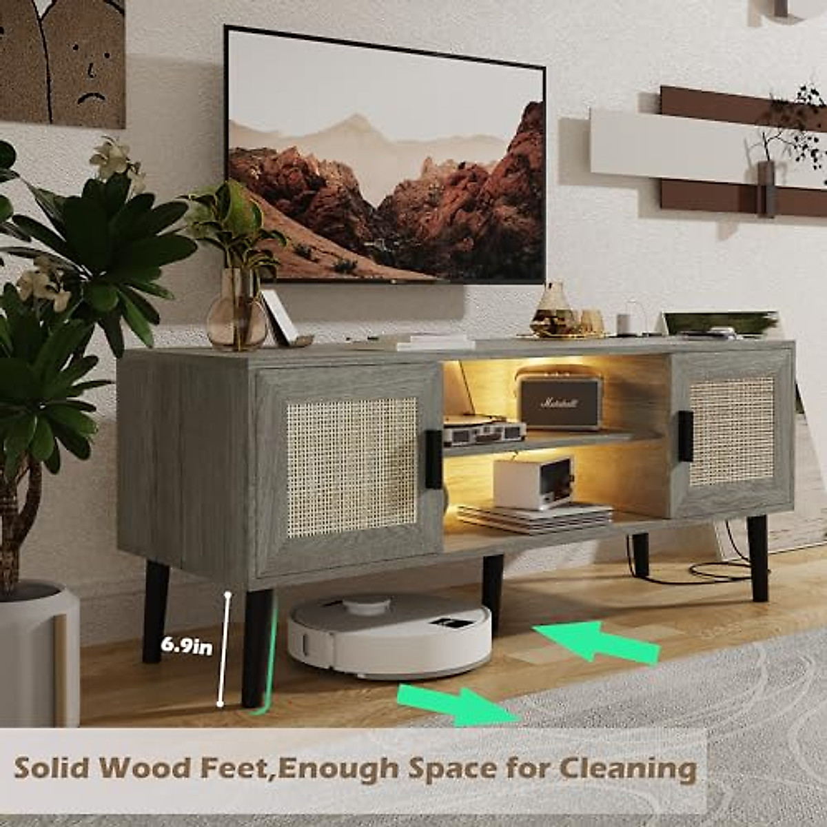 Hiwelldas TV Stand for 55 inch TV with Charging Station & 2 USB Ports Entertainment Center with Rattan Doors & Adjustable Shelf & LED Strip Boho Media Console for Living Room, Bedroom (Light Grey)