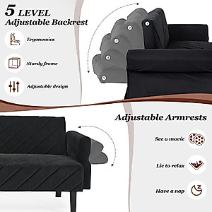 87 Inch Futon Sofa Bed, Modern Convertible Sleeper Futon Couch with Adjustable Armrests and Backrest, Velvet Oversized Loveseat Sofa Couch for Living Room, Apartment,Black