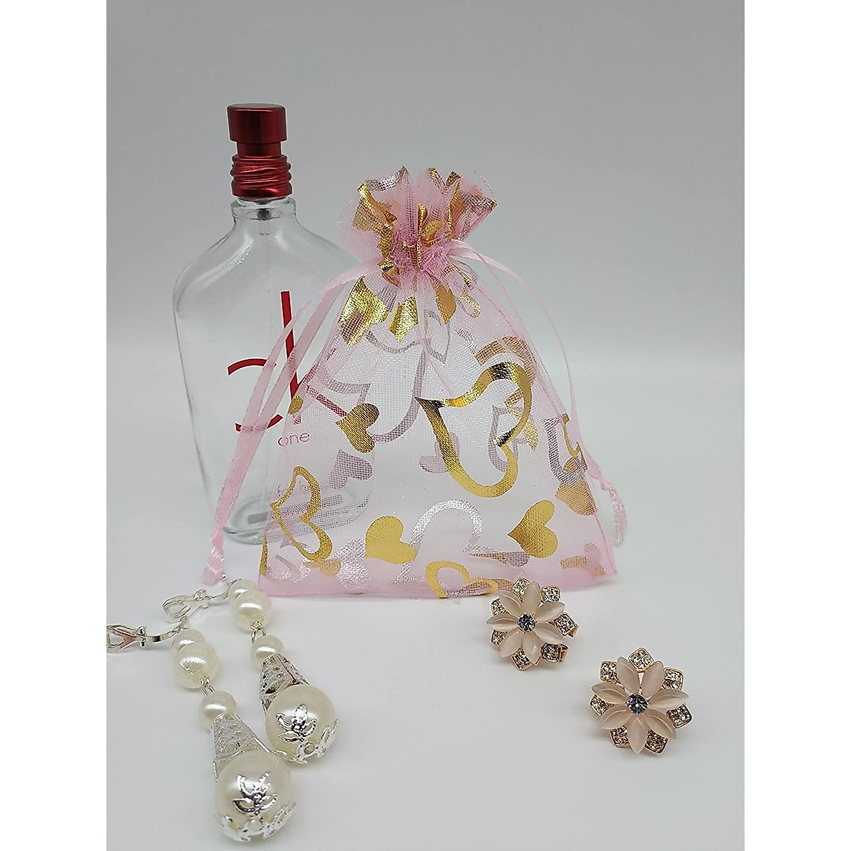 Stratalife 100PCS Organza Bag 4x6 with Drawstring Mesh Jewelry Gift Pouch Favor Bags Bulk for Wedding Party Baby Shower(Mixed Heart)