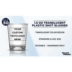 DISCOUNT PROMOS Custom Translucent Plastic Shot Glasses 1.5 oz. Set of 50, Personalized Bulk Pack - Acrylic, Great for Wedding, Party, Birthday, Gifts - Clear