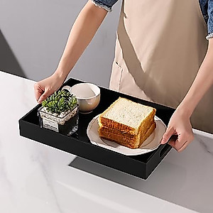BEYLANG Glossy Black Sturdy Acrylic Serving Tray with Handles-12x20Inch-Serving Coffee,Appetizer,Breakfast,Butler-Kitchen Countertop Tray-Makeup Drawer Organizer-Vanity Table,Ottoman Tray-Decorative