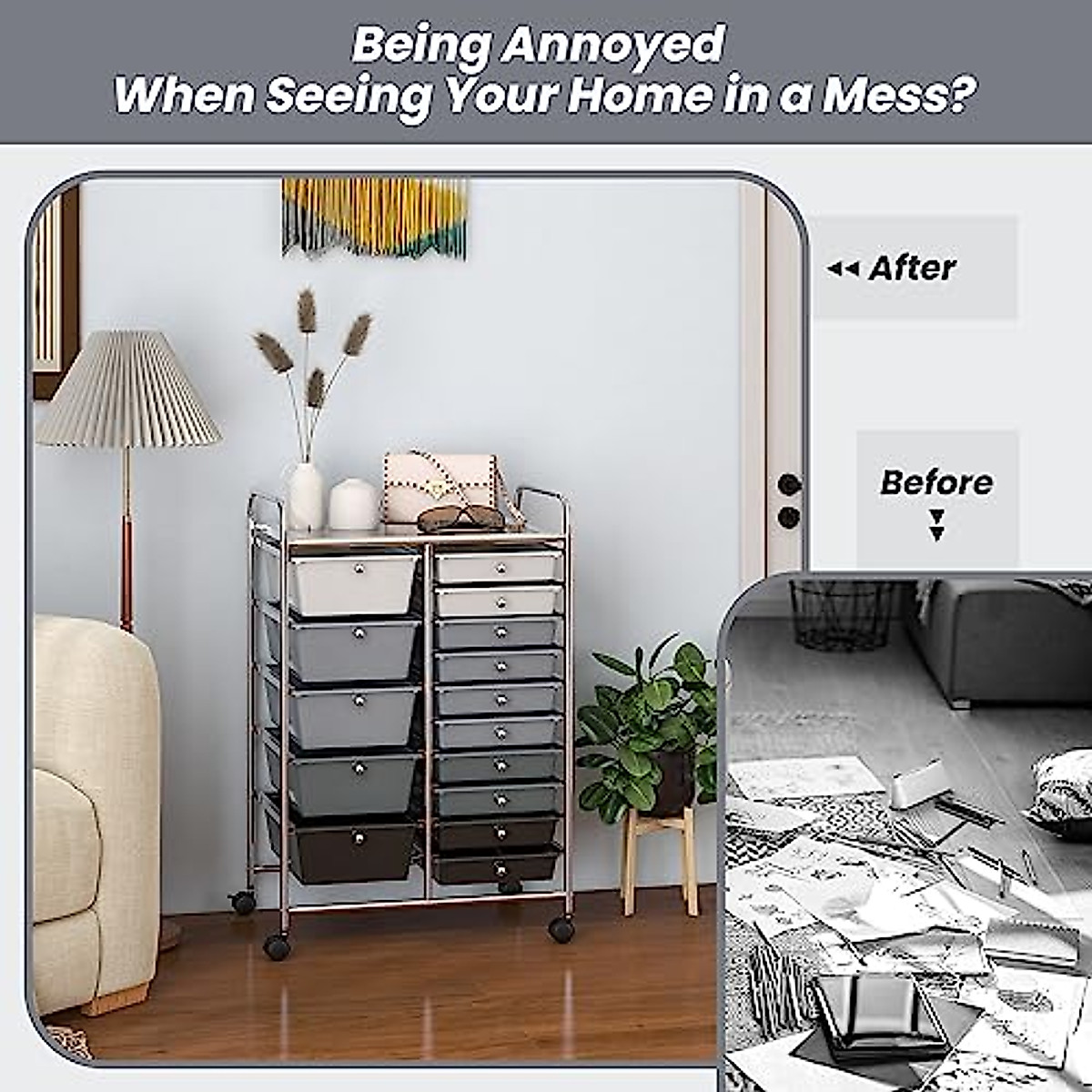 15 Drawer Rolling Storage Cart, Mobile Utility Cart with Lockable Wheels, Drawers, Multipurpose Organizer Cart for Home, Office, School, Gradient Black