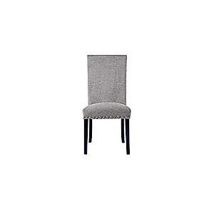 Cui Liu Owen Upholstered Dining Chair – Armless Dining Chair in Grey Linen with Black Wooden Leg and Shiny Silver Nailhead (Set of 2)