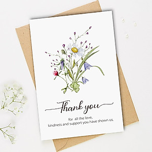 HiABNRT 50 Funeral Thank You Cards with Envelopes 4x6in Watercolor Wildflower Bereavement Sympathy Thank You Card with 5 Designs for Funeral Celebration of Life, Bulk, Message Inside