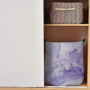 Laundry Basket Marble Purple Gradient Abstract Art,Waterproof Collapsible Clothes Hamper Golden Stripe,Large Storage Bag for Bedroom Bathroom 13.8x17in