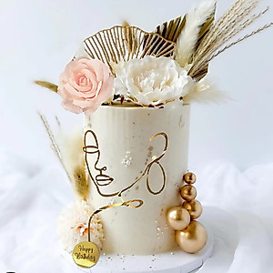 Boho Flower Cake Toppers Lady Face Birthday Cake Decorations with Palm Leaves Ginkgo Leaves for Birthday Party Wedding Boho Themed Party Supplies (FLowers)