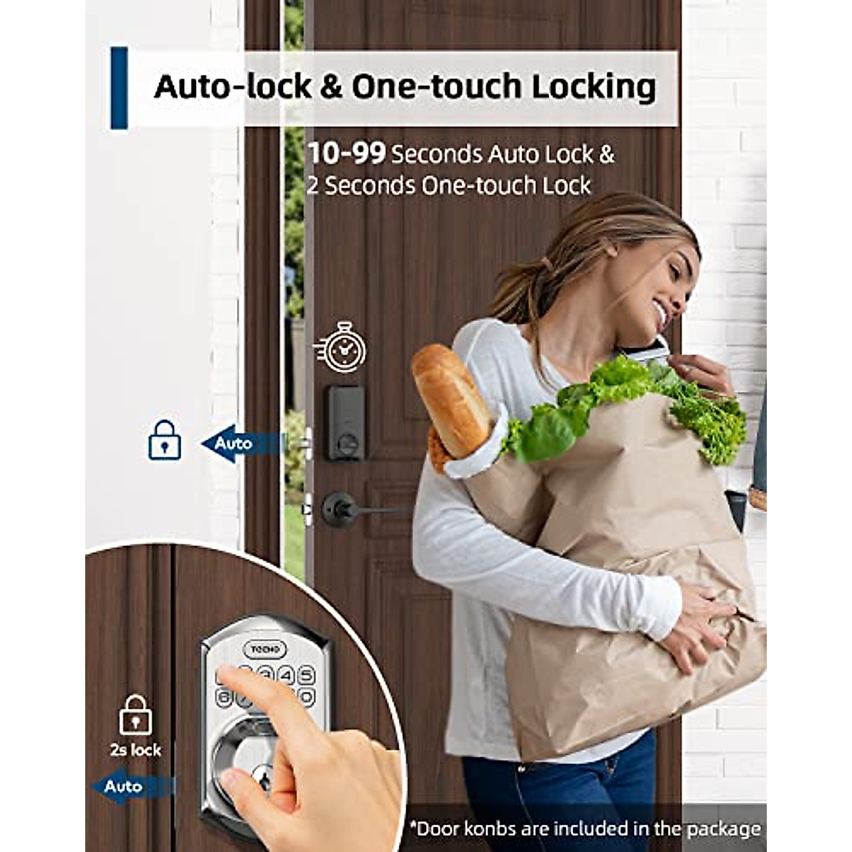 TEEHO Fingerprint Door Lock with 2 Lever Handles, Keyless Entry Door Lock with Handle, Electronic Keypad Deadbolt Front Door Lock Set with Auto Lock and 1 Touch Locking, Satin Nickel
