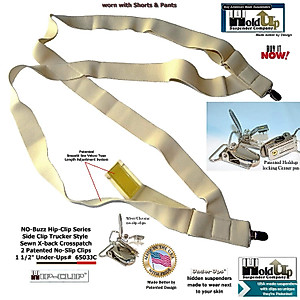 Holdup Hip-Clip Style Under-Ups Tan 1 1/2" Suspenders for Men with the USA Patented Metal "No-Slip" Clip