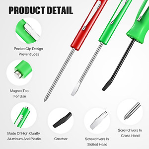 15 Pieces Pocket Screwdriver with Magnet Pocket Clips 2 Ends Mini Top Slotted and Cross Head Slotted Head With Magnet Top Mini Pry Bar Set,Green,Red