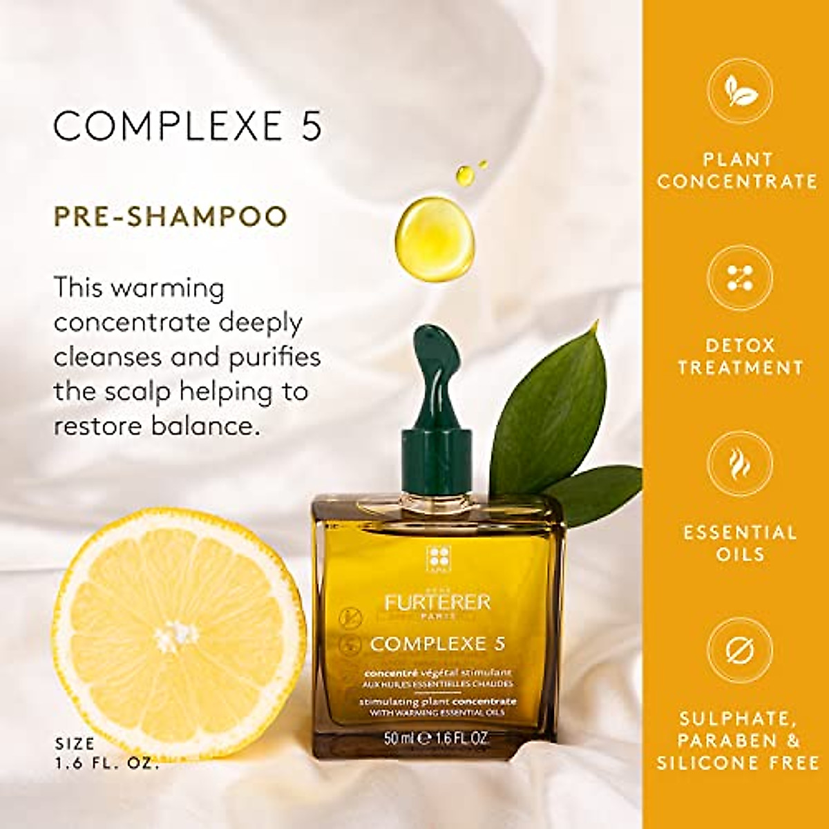 Rene Furterer COMPLEXE 5 Stimulating Plant Concentrate - Pre-Shampoo Detox Scalp Treatment - Orange & Lavendar Essential Oils - 1.6 fl. oz.