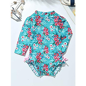 MSemis Infant Baby Girls Floral Printed Ruffled Back Rash Guard UPF 50+ Swimwear Swimsuit Bathing Suit Blue 18-24 Months