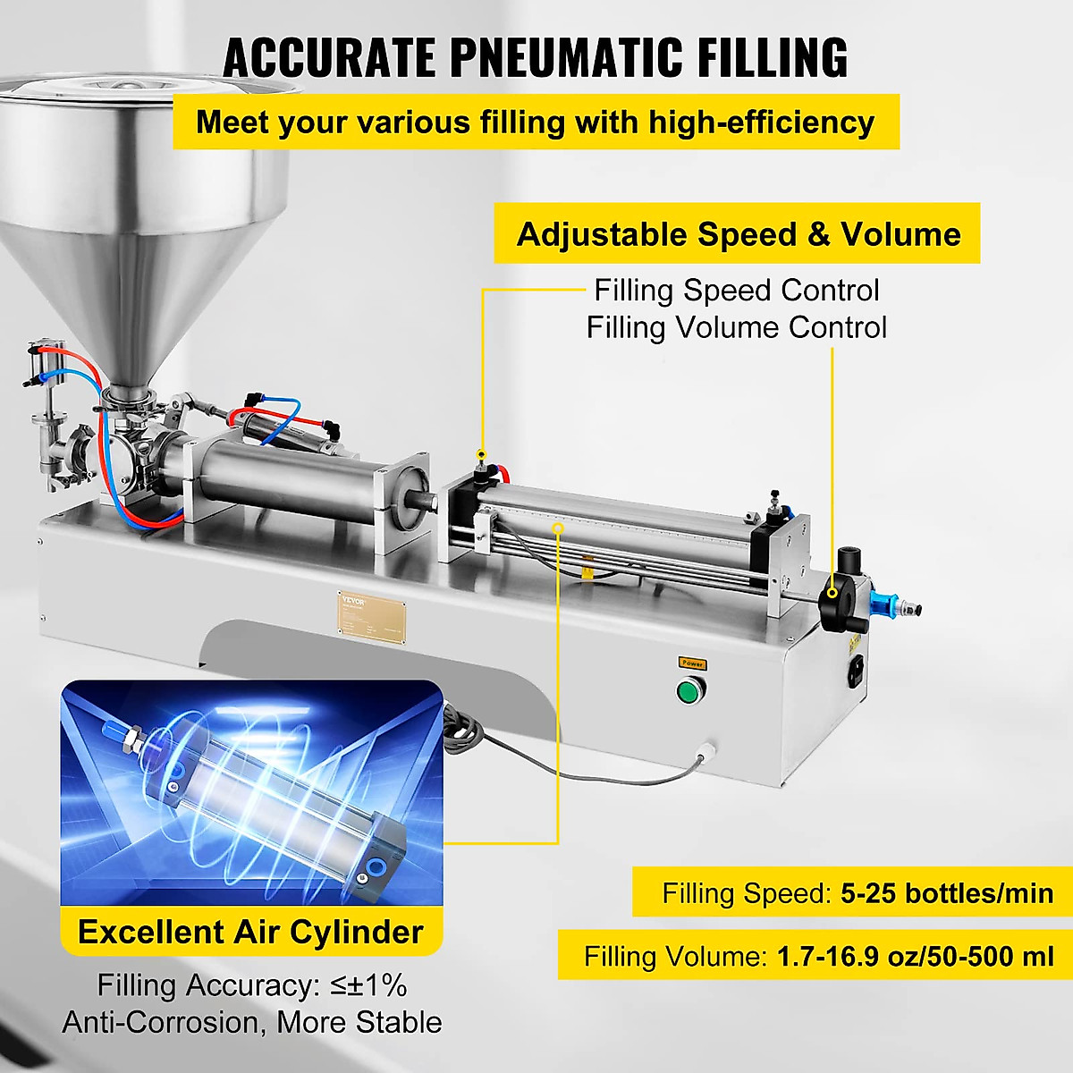 VEVOR Pneumatic Liquid Paste Filling Machine 50-500ML Volume, Horizontal Cream Filling Machine with 30L Hopper, Pneumatic liquid Filling Machine for Water Oil Cream etc.