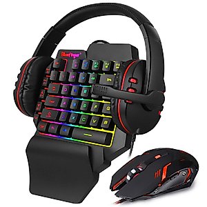 One Hand RGB Gaming Keyboard and Backlit Mouse and Gaming Headset with Microphone,USB Wired Rainbow Single Hand Mechanical Feeling Keyboard with Wrist Rest Support, Gaming Keyboard Set for Game