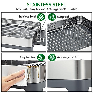 LITENEZZ Dish Drying Rack, Stainless Steel Dish Rack Drainers for Kitchen Counter with 360° Swivel Spout and Drainboard, Fingerprint-Proof Dish Drainers with Utensil Holder, Kitchen Sink Organizer