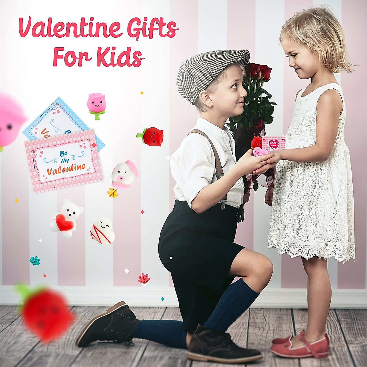 RGM CREATIONS Valentines Day Gifts for Kids Classroom - 48 Mochi Squishy Fidget Toys with 24 Adorable Valentine's Day Cards - Perfect for Classroom Exchanges and Party Favors