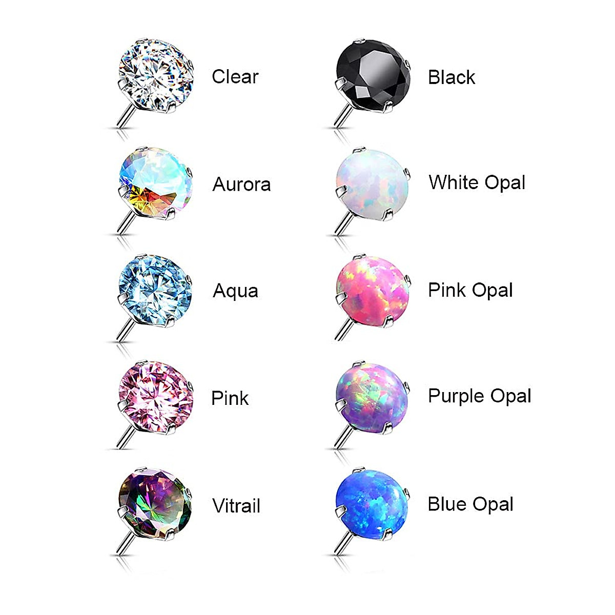 Titanium Labret Monroe Ear Cartilage Threadless Push Pin Nose Stud 2mm Black Prong Set CZ 9/32" (7mm) Post 18G