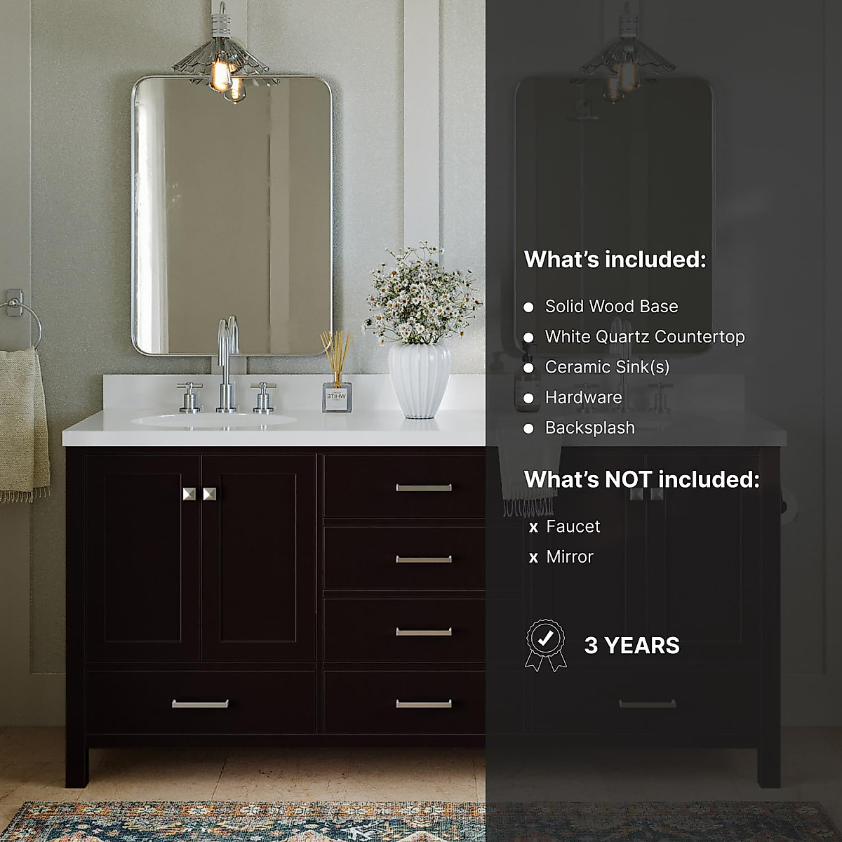 ARIEL Double Bathroom Vanity 73" Espresso with 1.5" Edge Pure White Quartz Countertop & Backsplash, Center Oval Sinks, 4 Soft Closing Doors, 6 Full Extension Dovetail Drawers, Brushed Nickel