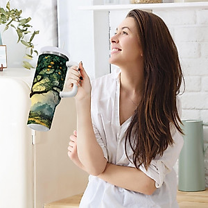 Jihqo Fairy Tales Glowing Tree 40 oz Stainless Steel Vacuum Insulated Tumbler with Handle and Straw Lid, Leakproof Water Bottle Double Wall Travel Mug Coffee Cup, Cupholder Friendly