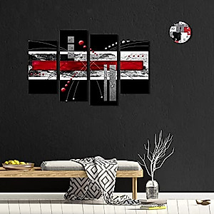 YPY Large Black Red Canvas Wall Art - 4 Panels Modern Abstract Picutre Set for Home Decoration - Contemporary Painting Artwork Ready to Hang Living Room Bedroom W48 x H36