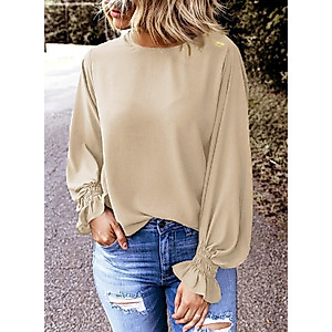 Dokotoo Womens Fashion Casual Tops Fall Outfits for Women 2024 Long Sleeve Shirts for Women Crewneck Solid Color Elegant Cute Chiffon Blouses Clothes Khaki Small