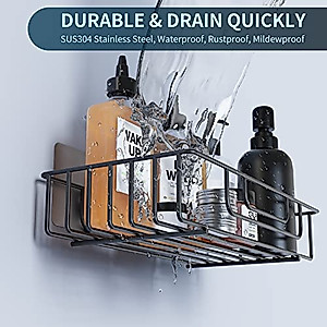 Shower Caddy Organizer Shelf 2 Pack with 2 Soap Holders, Adhesive Wall Mount Shower Basket Shelves with Hooks, No Drilling, Rustproof 304 Stainless Steel Storage Rack for Bathroom Kitchen, Black