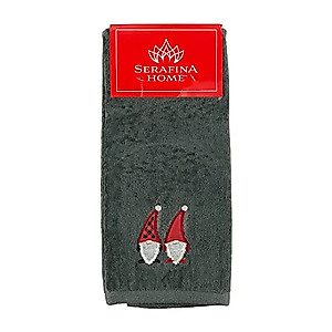 Christmas Gnomes Towel Set: Dark Grey Hand Towels with Red White Embroidery Jolly Nordic Gnome, Set of 2