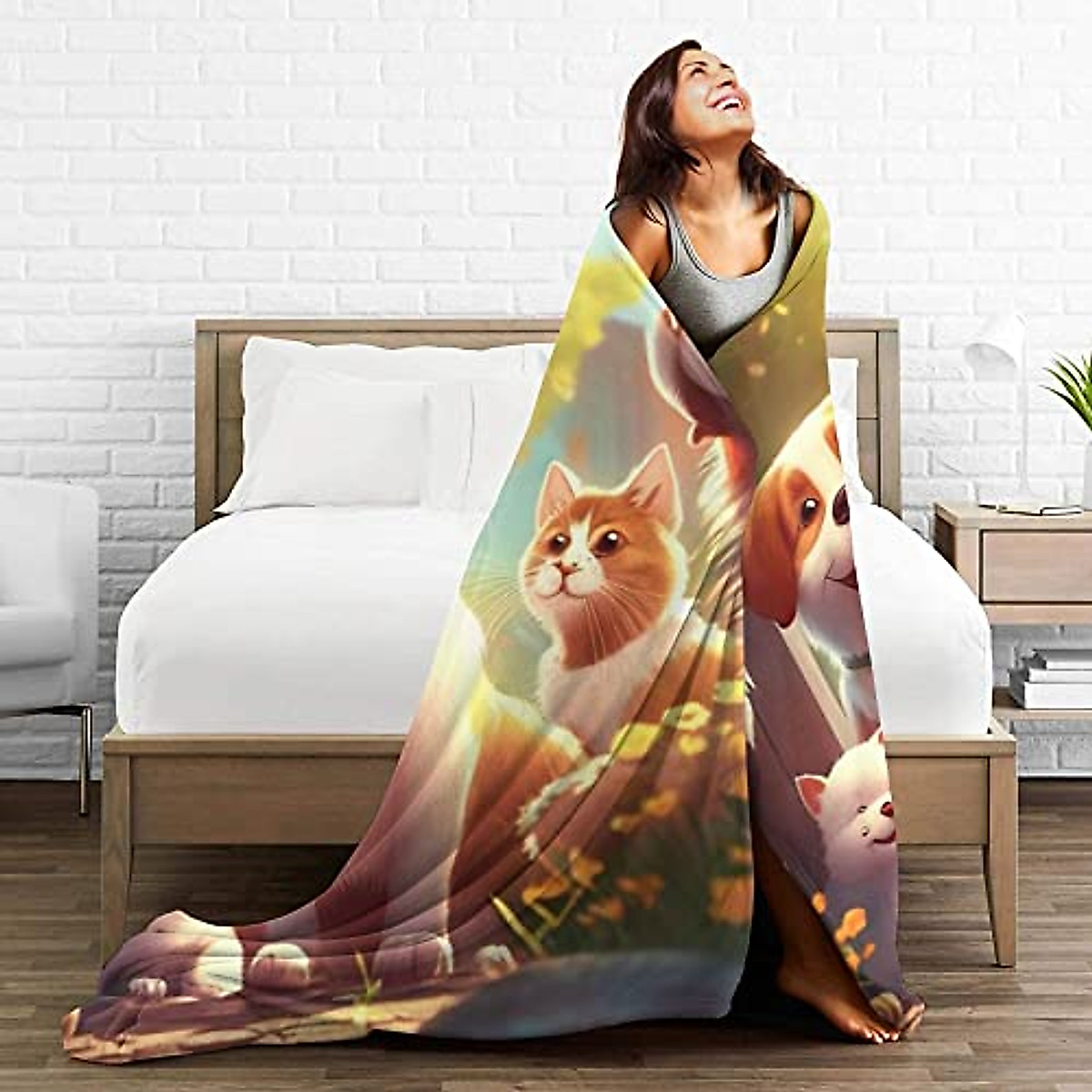 Happy Cat and Dog in The Morning Flannel Fleece Blanket - Cute Cartoon Pet Pattern, Soft and Comfortable, Suitable for Sofa and Bed, Easy to Clean, 40"x50"