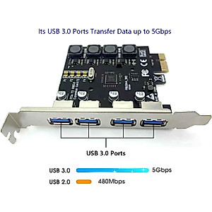 4 Ports PCIE USB 3.0 Card Super Speed 5Gbps PCI Express (PCIe) Expansion Card for Windows 11/10/8.1/8/7/Vista/XP/Server