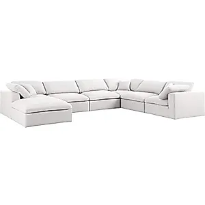 Meridian Furniture Serene Collection Modern | Contemporary Deluxe Comfort Modular Sectional, Soft Linen Textured Fabric, Down Cushions, 3 Corner + 3 Armless + 1 Ottoman, Cream