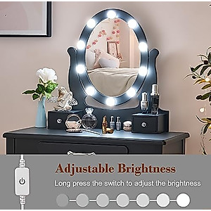 ANWBROAD Makeup Vanity Desk Vanity Set with LED Lighted Mirror Makeup Table Set 10 LED Dimmable Bulbs Cushioned Stool 3 Drawers 3 Dividers for Bedroom Makeup Jewellery Storage Set Black UBDT12B