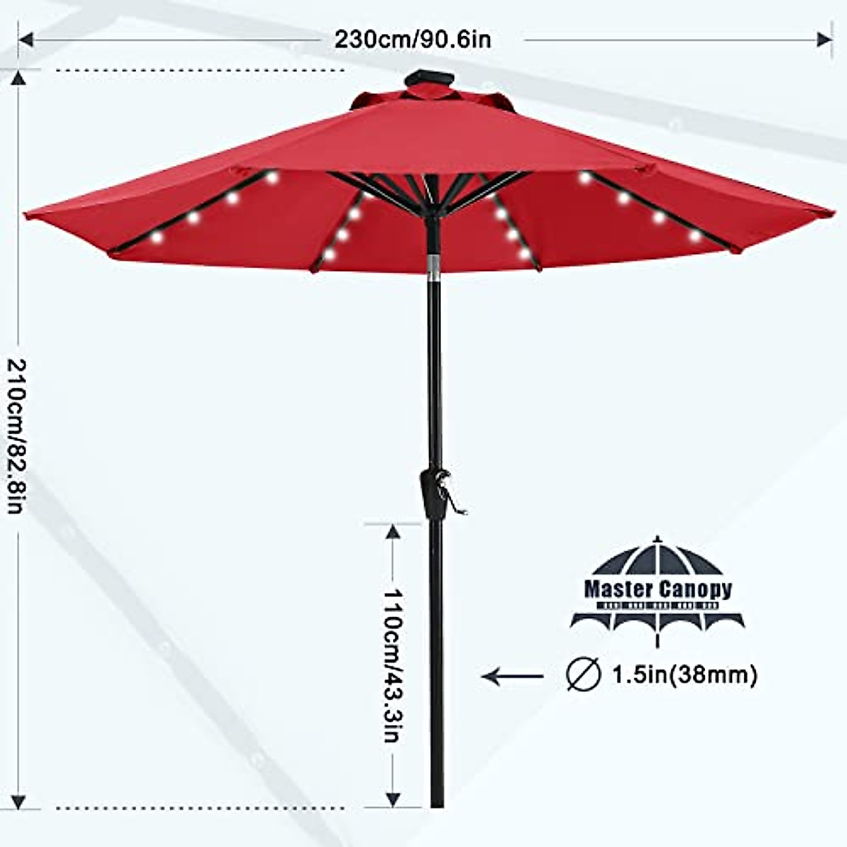 MASTERCANOPY Patio Umbrella with 32 Solar LED Lights -8 Ribs (7.5ft,Red)