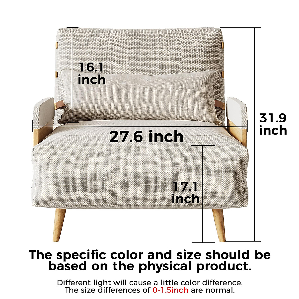 JASIWAY Modern Sofa Bed, 3 in 1 Sleeper Chair Bed Futon Sofa Bed Chaise Lounge Chair for Living Room Bedroom Office, Solid Wood Leg, Linen Fabric Beige Chair, 76.4" D x 27.6" W