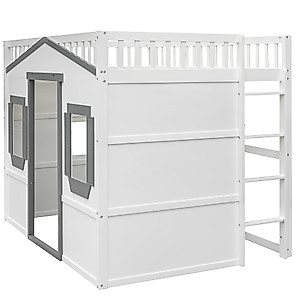 Harper & Bright Designs Full Size House Loft Bed for Kids, Wood Full Loft Bed with Door and Windows House Design, Playhouse Bed Full with Underbed Space for Girls Boys Bedroom, White +Grey