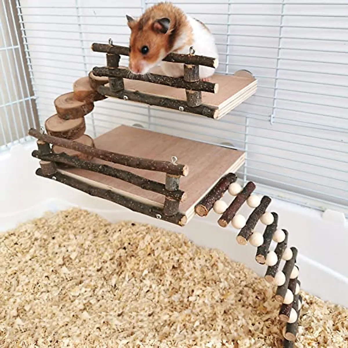 Hamster Climbing Toys, 2 Layer Wooden Activity Platform, Rat Toys, Rat Cage Accessories with Chewing Toys for Hamster Bear Squirrels Hedgehogs Parrots Climbing Ladder